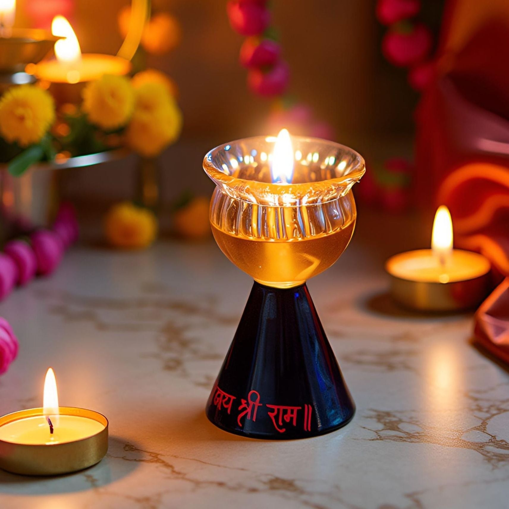 Borotech Blue Glass Diya Handmade Pedestal Oil Lamp for Pooja & Decor