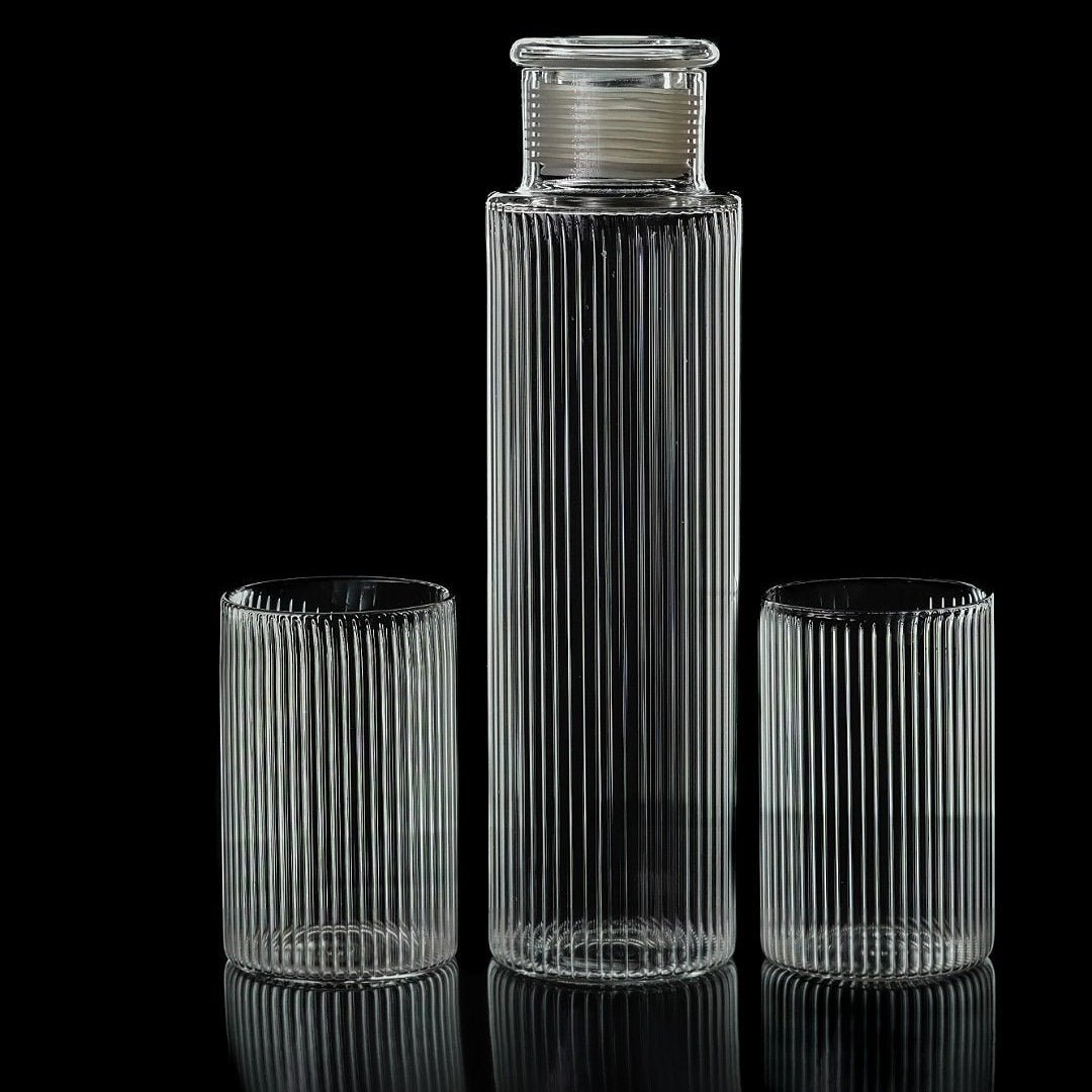 Thin Ribbed Clear Borosilicate Bottle & Glass Set – Elegant – Borotech
